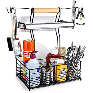 DGD BBQ Grill Caddy, Outdoor Kitchen Accessories for Camper, Condiment Organizer with Paper Towel Holders, Utensil Caddy for Storage of Picnic Supplies and Condiments, Camper Must Haves, Camping Gifts