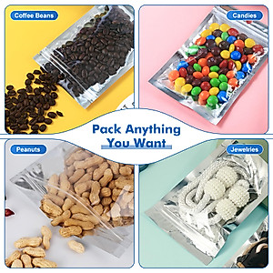 100-Pack Reclosable Large Mylar Bags for Food Storage 6.3" x 9.5" Stand Up Ziplock Pouch Bags Bulk Resealable Smell Proof Aluminum Silver Foil Bags with Clear Window Kitchen Storage Edible Packaging
