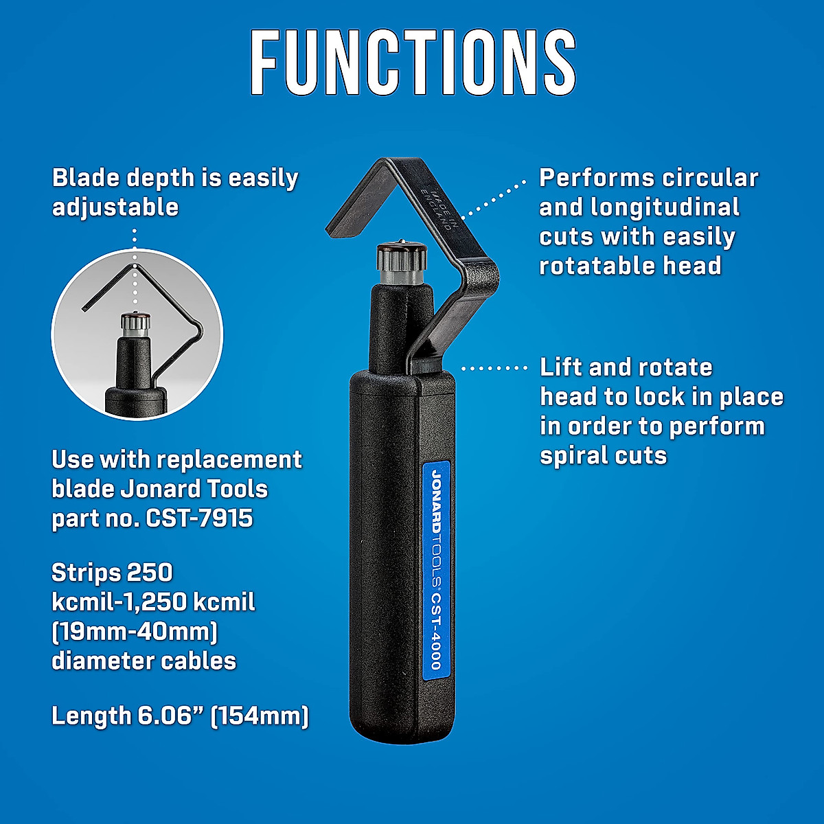 Jonard Tools CST-4000 Round Cable Stripper for Fast and Precise Jacket Removal, Large Cables, 3/4" to 1 5/8" Diameter