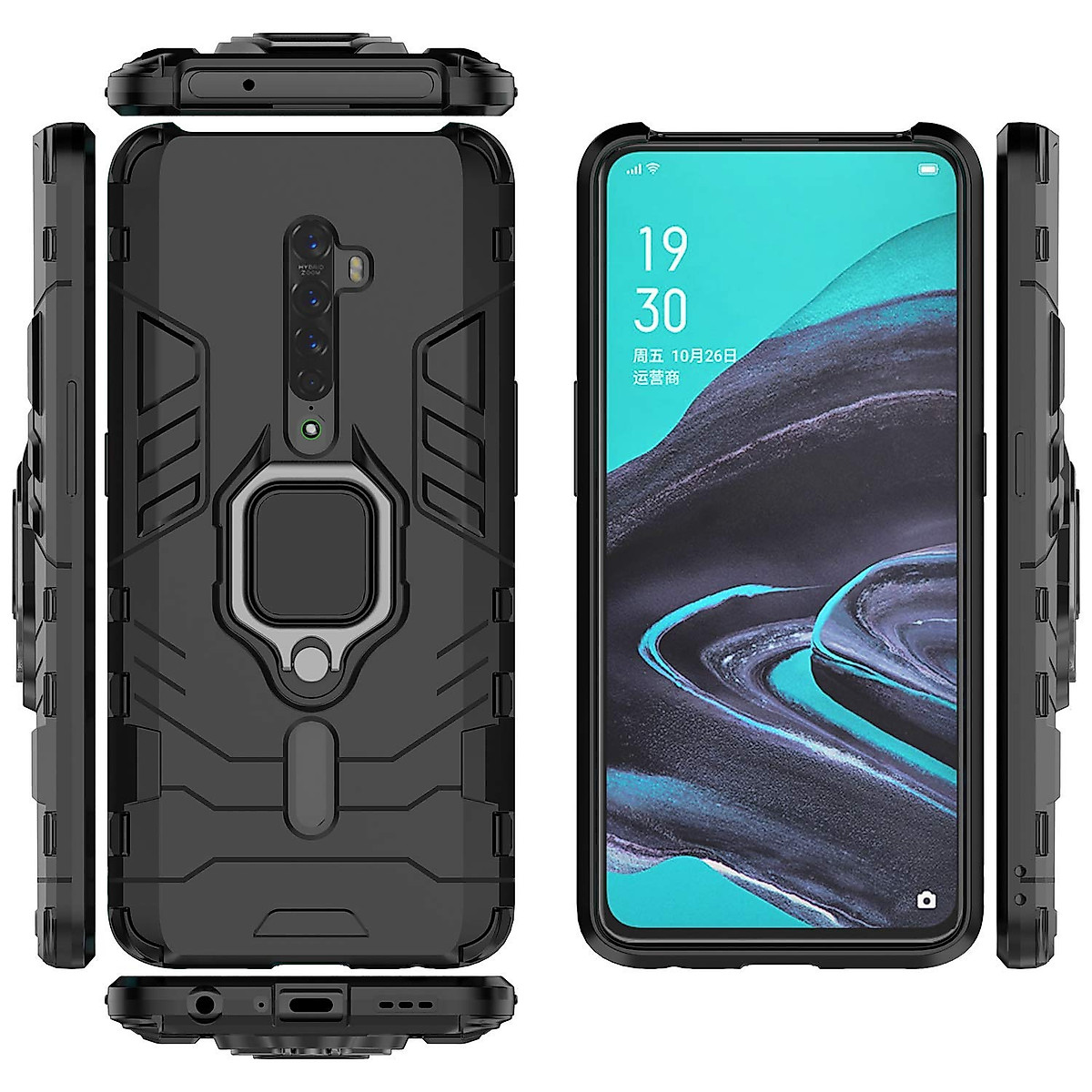 Case for Oppo Reno 2 PCKM00 PCKT00 / Reno2 Case Cover,360 Degree Rotating Ring Holder Kickstand with Magnetic Car Mount Black