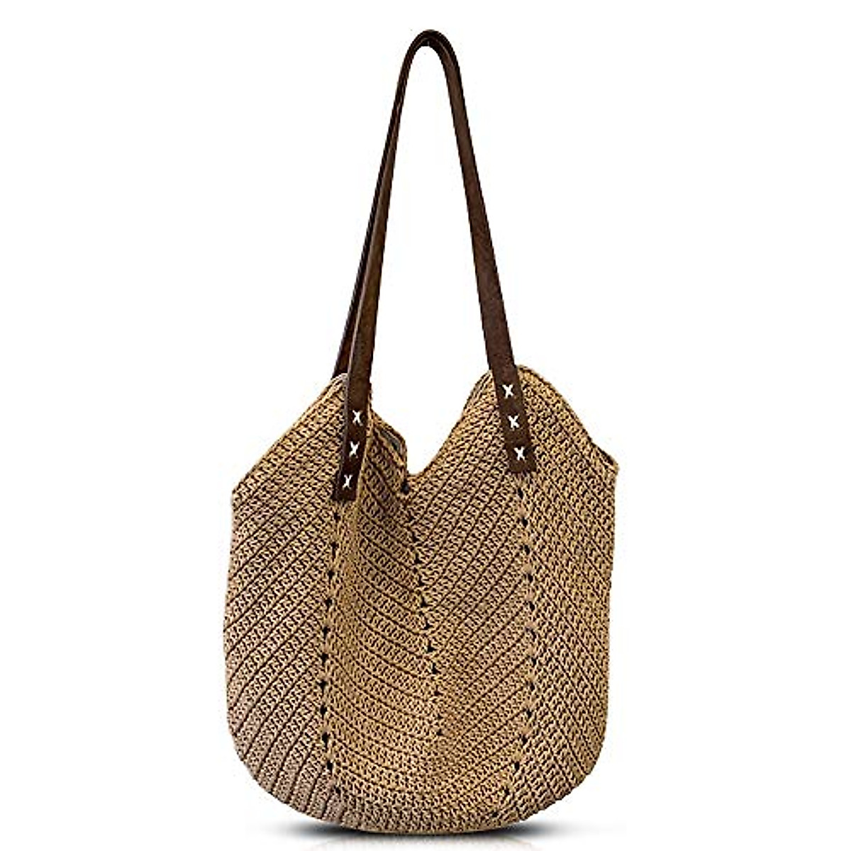 QTKJ Hand-woven Soft Boho Women's Summer Crochet Beach Shoulder Bag PU Leather Handle Woven Handbag for Women (Brown)