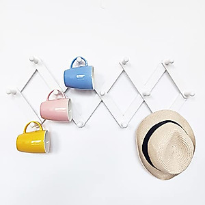 AMAPON Expandable Coat Rack Accordion Wood Wall Hanger 13 Peg Hook Hang Hat Cap Coffee Mug Towels Leash Scarf Umbrella Bag (White)