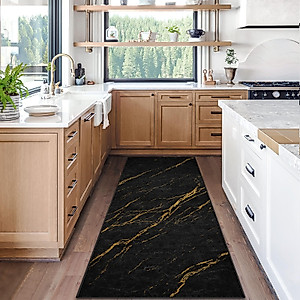 ArtSocket Area Rug Marble Black Gold Runner Rug Yellow Stone Rock Floor Rug 2' x 6' Entry Rug Non-Slip Washable Indoor Door Mat Carpet Throw Rug for Bedroom Kitchen Entryway Laundry Living Home Decor