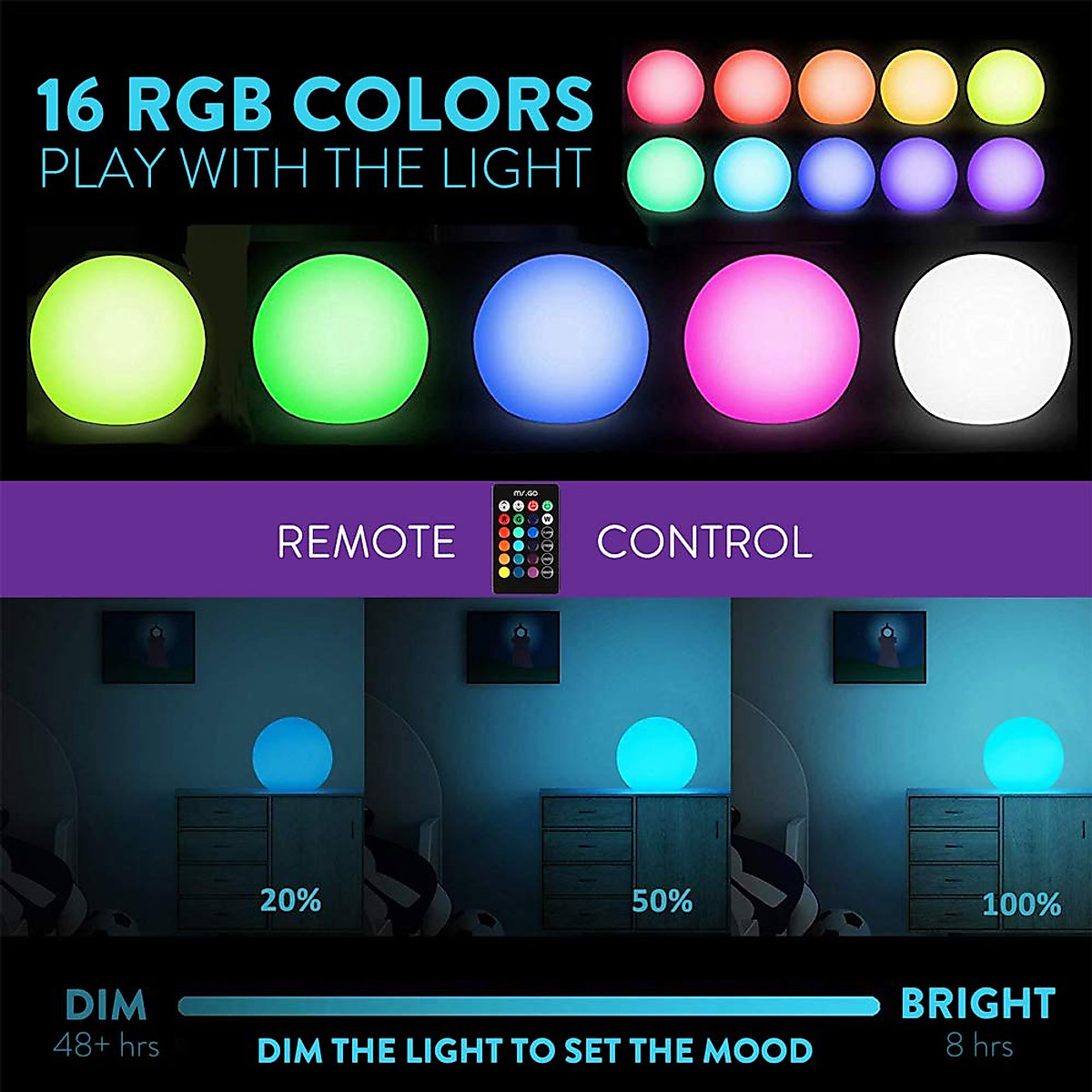 Mr.Go 8-inch Ultra-Fun LED Glowing Ball Light w/Remote, RGB Color Changing Globe Mood Lamp, 16 Colors 8 Brightness 4 Lighting Modes, Waterproof, Rechargeable & AC Adapter Power, Stunning Light Orb