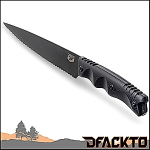 DFACKTO Interceptor 6 Inch Serrated Utility Knife for Camping and Outdoor Kitchen, Stonewashed High Carbon Stainless Steel Black Knife, Full Tang Tactical G10 Handle, BBQ Utensil Cutlery