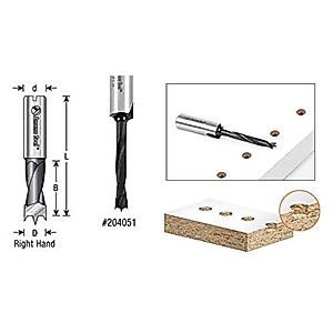 Amana Tool - 204005 Carbide Tipped Brad Pt. Boring Bit R/H 5mm Dia x 70mm Long x 10mm Sh