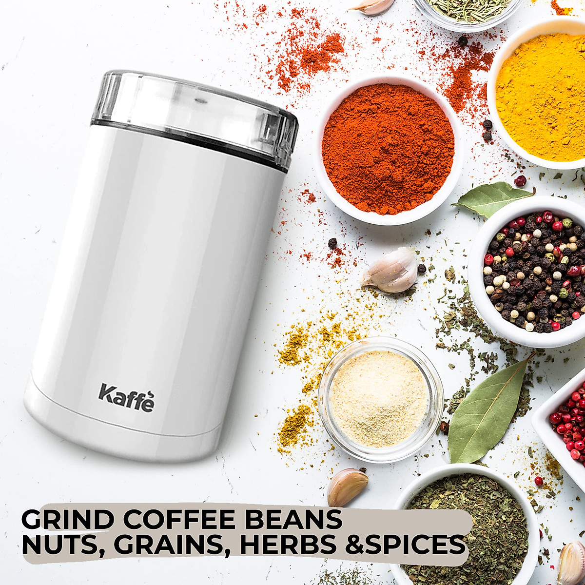 Kaffe Coffee Grinder Electric - Spice Grinder w/Cleaning Brush, Easy On/Off - Perfect for Espresso, Herbs, Spices, Nuts, Grain - 3.5oz / 14 Cup (Blade Grinder, White)