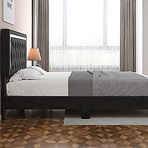 HITHOS Queen Bed Frame, Upholstered Platform Bed Frame with Modern Adjustable Headboard, Diamond Tufted Mattress Foundation with Wooden Slat Support, No Box Spring Needed, Easy Assembly (Queen, Black)