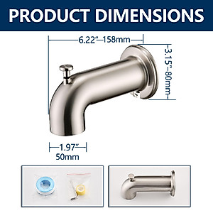 Sperwoesy Slip-On Tub Spout with Diverter Long for Bathtub Spout, Fit for 1/2 Inch Slip Pipe, Brushed Nickel