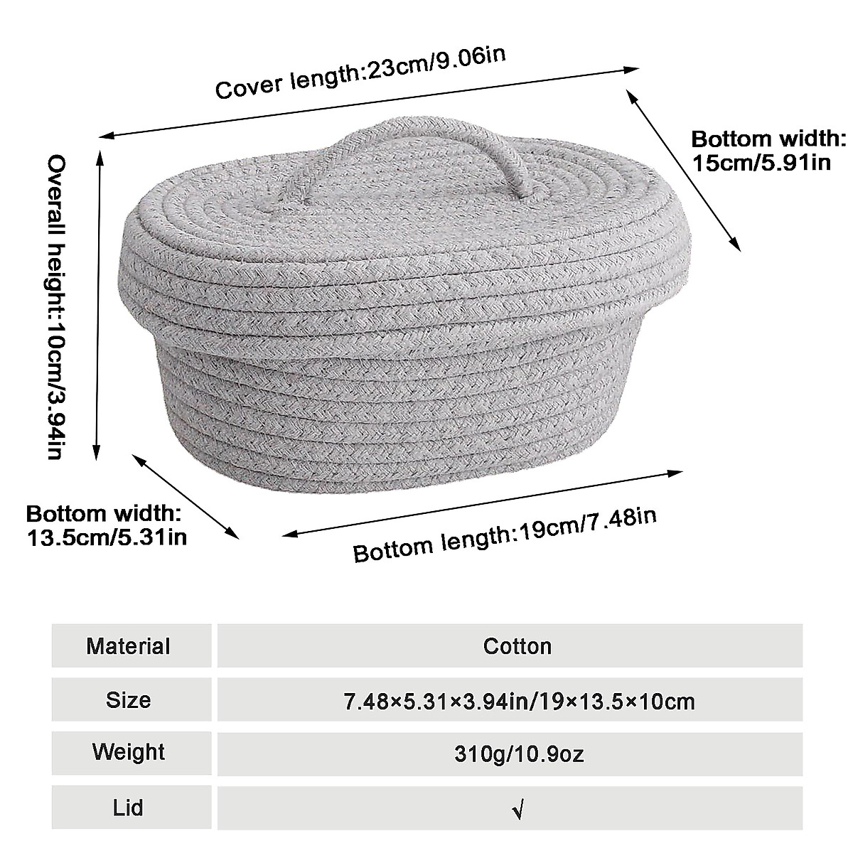 Cotton Rope Storage Basket with Lid,Desktop Storage Box,Multifunctional Handmade Oval Woven Basket,Sundries Storage Basket,Lidded Woven Storage Bin for Makeup Sundries Snack Needles(Grey)
