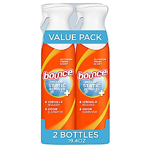 Bounce 3-in-1 Anti Static Spray & Wrinkle Release - Odor Eliminator, Fabric Refresher & Dewrinkle Spray for Clothes, Anti-Wrinkle Spray for Clothing, Travel Size Wrinkle Releaser, 9.7 Fl Oz, Pack of 2