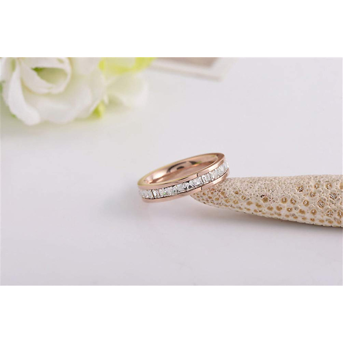 HIJONES Unisex Stainless Steel Full Eternity Tiny Cubic Zirconia CZ Ring Wedding Engagement Bands (Rose Gold-Single Row, 13)