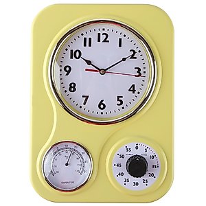 Lily's Home Retro Kitchen Wall Clock, with a Thermometer and 60-Minute Timer, Ideal for Any Kitchen, Yellow (9.5 in x 13.3 in)