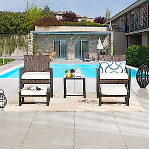 LOKATSE HOME Patio Conversation Set 5 Pieces Outdoor PE Wicker Rattan Sofa Furniture Cushioned Chairs and Ottomans with Tempered Glass Coffee Table, White