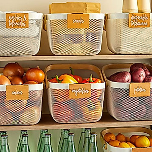 Set of 8 Wooden Clip On Pantry Label Holders for Storage Bins + 70 Preprinted White on Clear Script Stickers for Kitchen Organization, Baskets, Containers