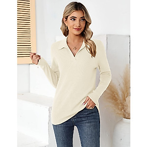Romanstii Women's Knitted Polo Sweaters Long Sleeve V Neck Collared Shirts Winter Pullover Tops,Beige,L