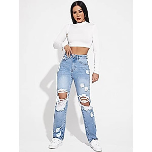 WDIRARA Women's High Waisted Ripped Straight Leg Jeans Cut Out Button Denim Pants Light Wash M