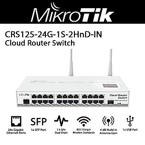MikroTik CRS125-24G-1S-2HnD-IN, 4dBi, 30dBm, 600MHz, 128MB, 2. 4GHz, 24xGigabit, SFP, LCD, microUSB, L5