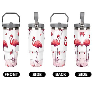 RTFGHJS Lovely Flamingos 30 Oz Tumbler with Handle And Flip Straw, Stainless Steel Vacuum Insulated Travel Mug, Thermal Cup for Coffee, Water, Iced Drinks, Fits Car Cup Holders (Home, Sports)