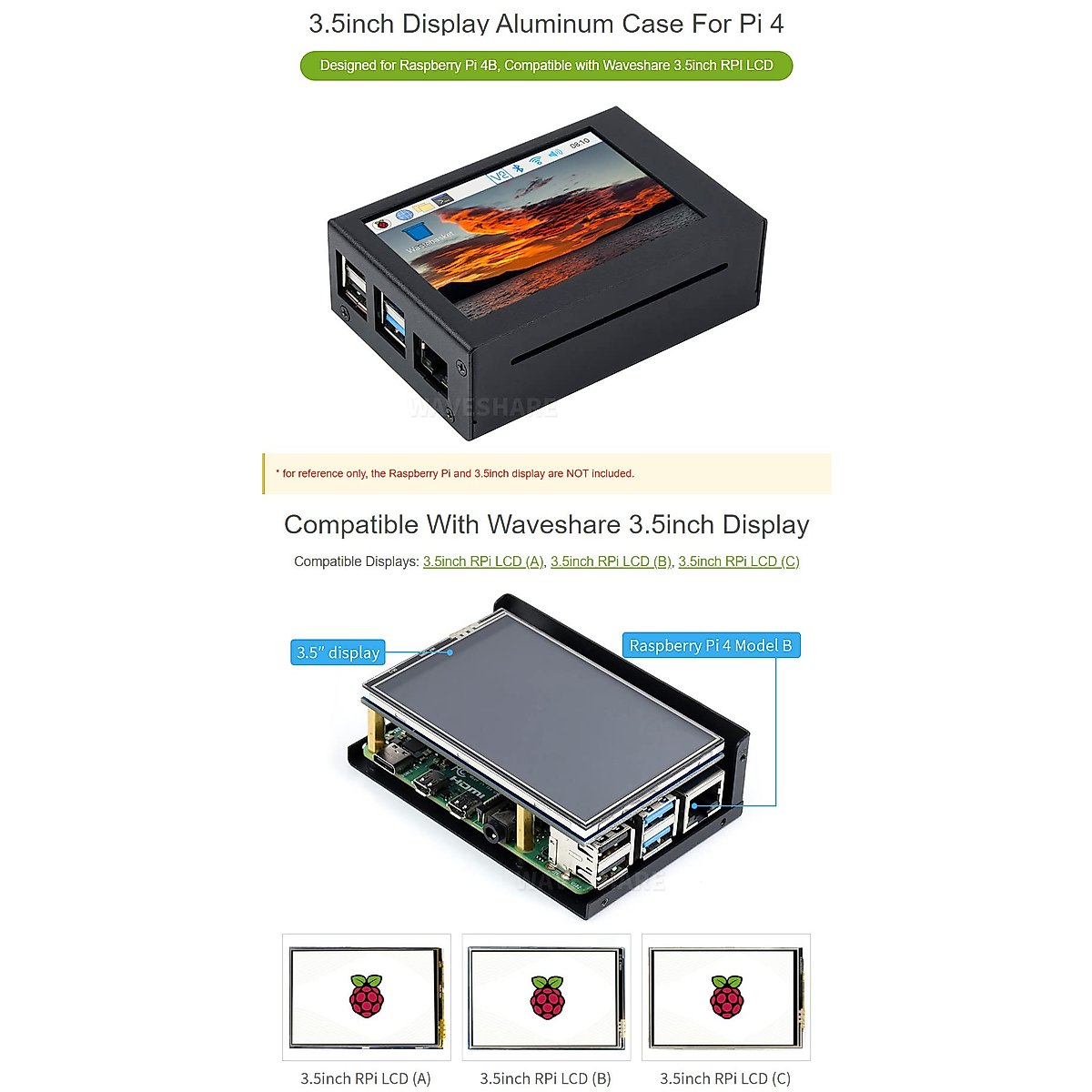 Waveshare Aluminum Alloy Case for Raspberry Pi 4 Compatible with 3.5inch Display (Case ONLY)