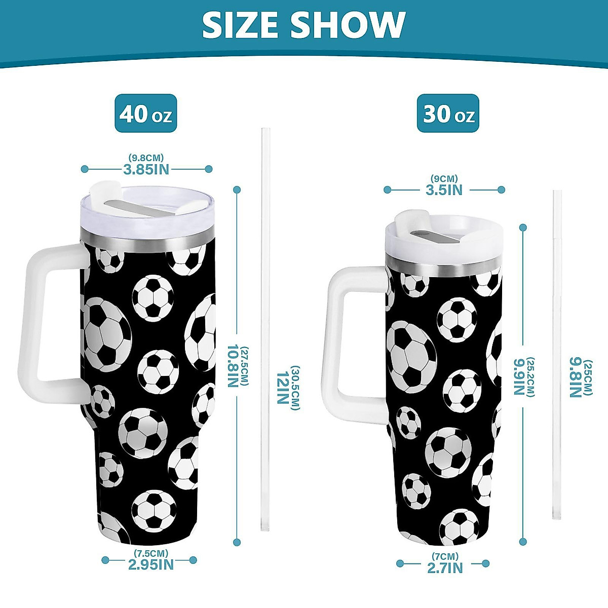 Traditional Black White Soccer Ball Tumbler with Handle and Straw Lid, Football 40 oz Insulated Coffee Cup Stainless Steel Water Bottle Travel Mug Cupholder Friendly,Gifts for Women Men