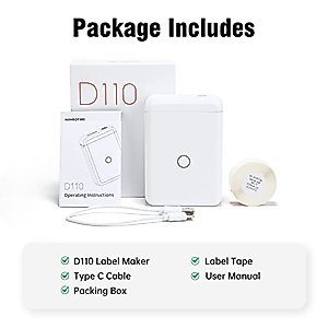 Label Maker D110 Bluetooth Thermal Label Maker Machine with Tape, Portable Inkless Label Printer Handheld & Rechargeable with Multiple Templates for Home Office, Compatible with iOS Android, White
