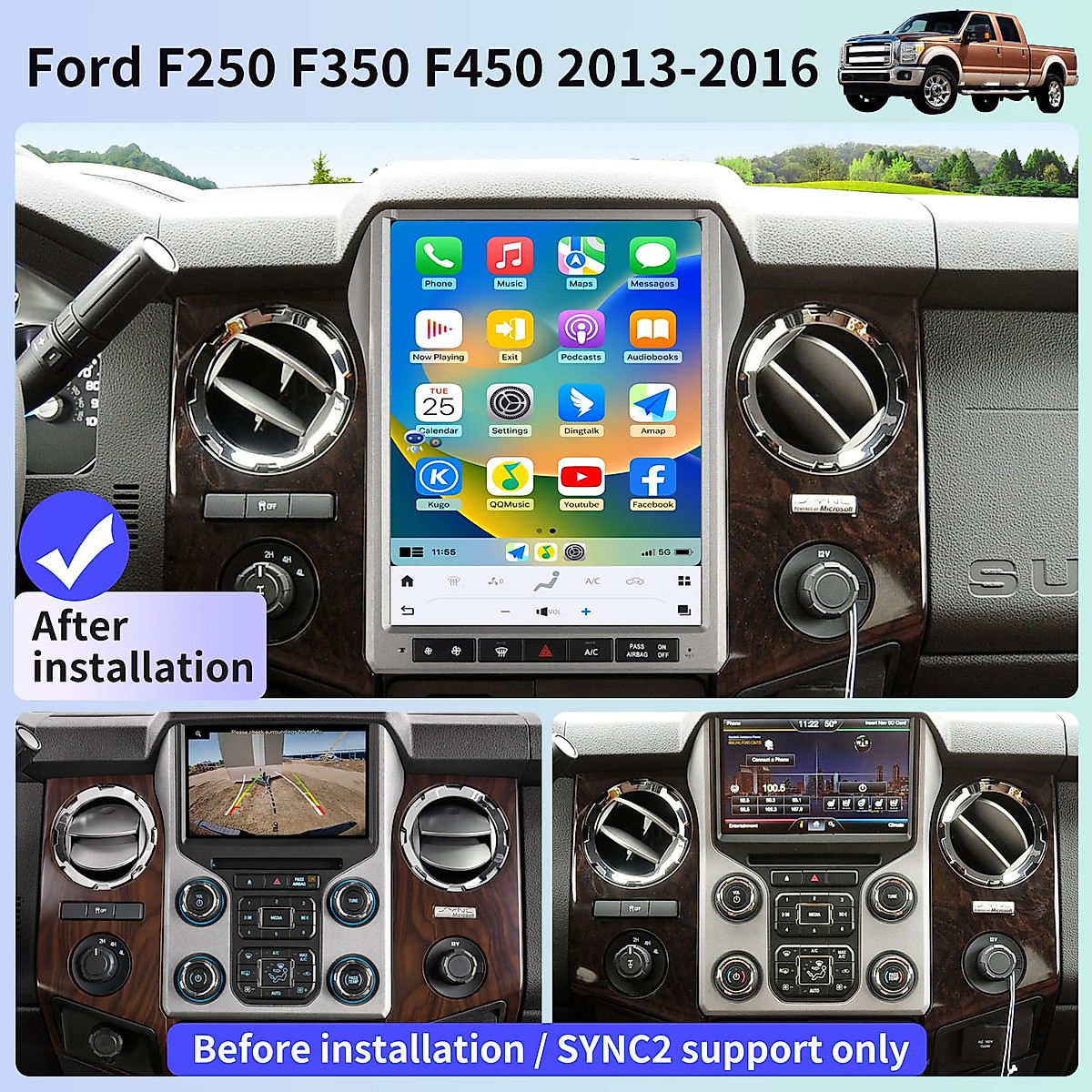 Qualcomm Car Radio for Ford F250 F350 F450 2013 2014 2015 2016 SYNC2 Stereo Android 13 Replacement Carplay Android Auto Upgrade 12.1 Inch 2K IPS Touch Screen Tesla Style Navigation Multimedia Play