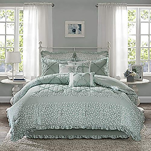 Madison Park Cotton Comforter Set - Shabby Chic Cottage Design Cottage Design All Season Down Alternative Bedding, Matching Shams, Bedskirt, Decorative Pillows, Queen (90 in x 90 in) Seafoam 9 Piece