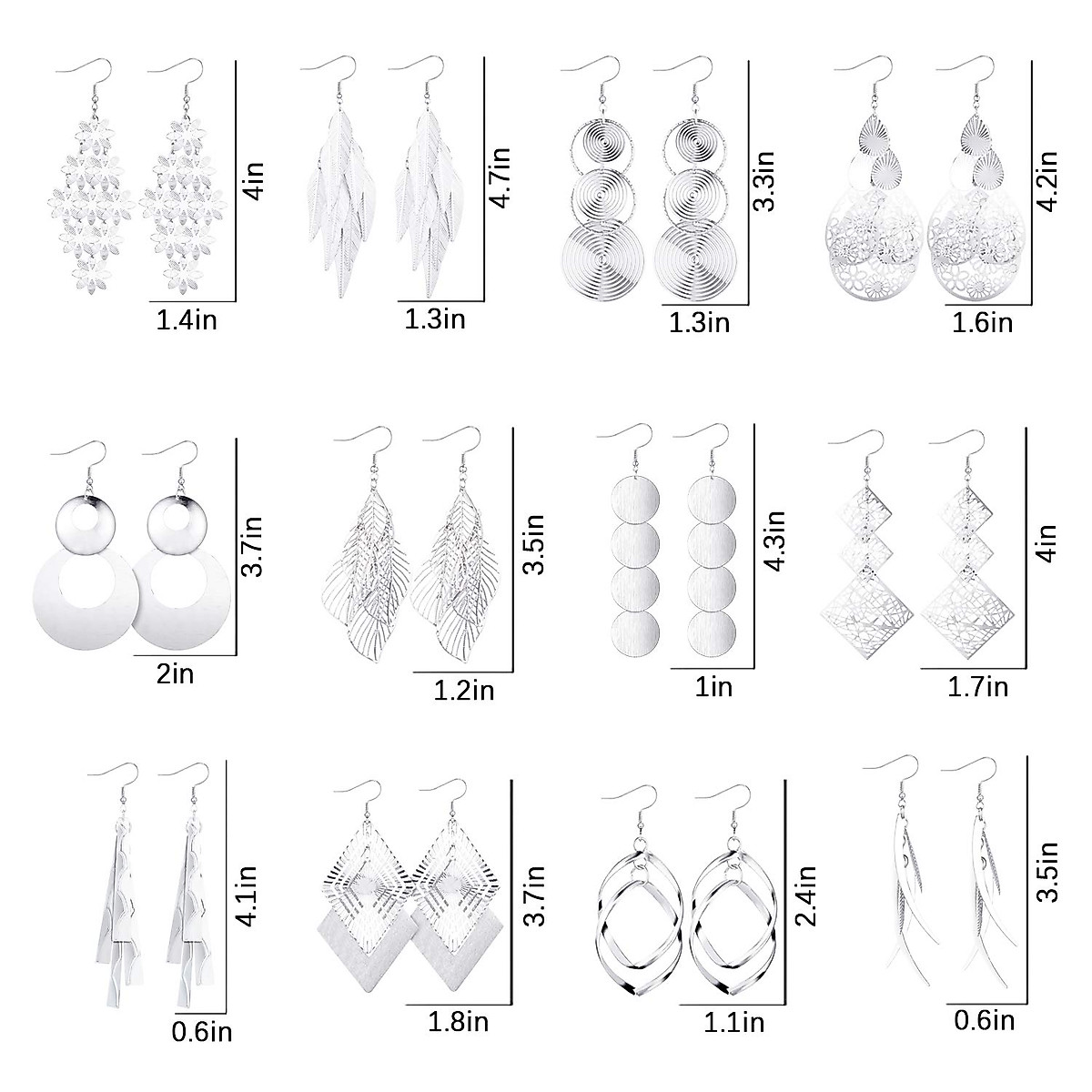 Hicarer 12 Pairs Drop Dangle Earrings Bohemian Long Fringed Earrings Vintage Statement Earrings for Women(Silver)