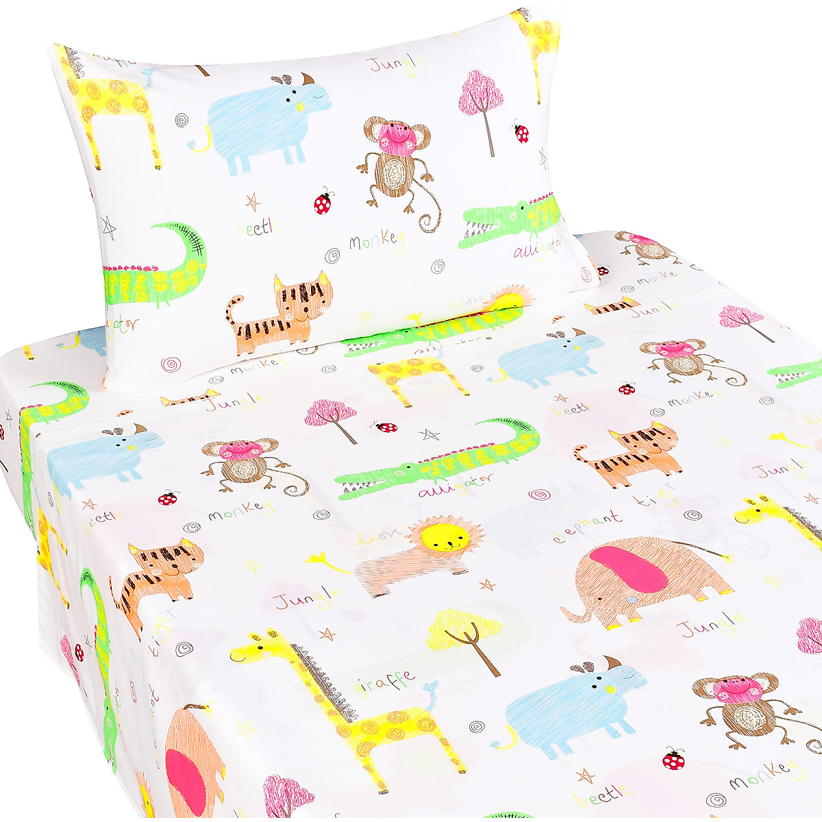 J-pinno Planet Spaceship Rocket Alien Cartoon Cozy Twin 100% Cotton 3 Pieces Sheet Set Bedroom Decoration Gift for Kids Boys Children Flat Sheet + Fitted Sheet + Pillowcase Bedding Set