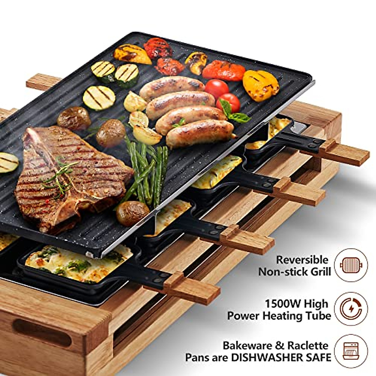 Indoor Grill, COKLAI Raclette Table Grill, 1500W Electric Grill Korean BBQ Grill with 2 in 1 Reversible Non-stick Plate, Cheese Raclette with 8 Trays & Wooden Spatulas, Wooden Base, New Model