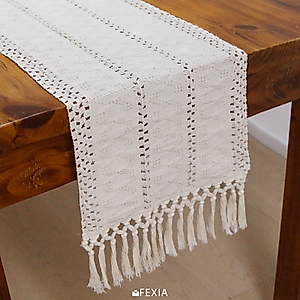 FEXIA Boho Macrame Table Runner with Tassels 72 Inches Long Cream Table Runner for Farmhouse Home Decor Table Runner for Bohemian Dining Bedroom Decor Rustic Bridal Shower (12x72 Inches)