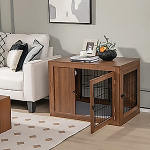 PETSITE Dog Crate Furniture with Cushion, Wooden Dog Crate End Table with Double-Doors, Dog Kennel Indoor, Pet Cage House for Small to Medium Sized Dogs