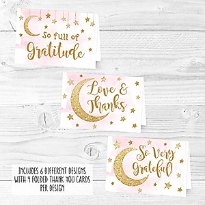 24 Pink Stars Baby Shower Thank You Cards With Envelopes, Kids Thank-You Note, 4x6 Gratitude Card Gift For Guest Pack For Party, Birthday, For Girls Children, Cute Angel Twinkle Moon Event Stationery