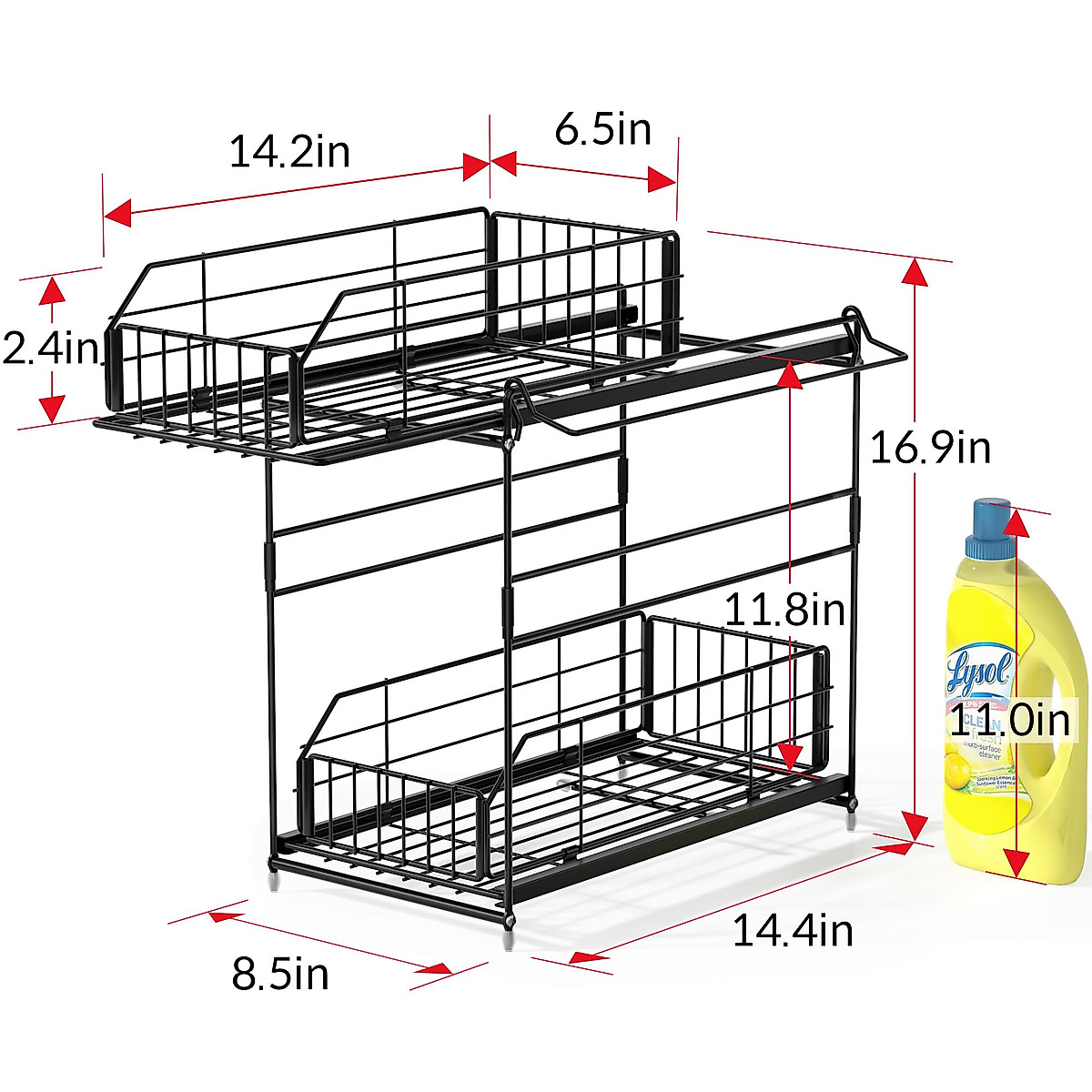 SUEH DESIGN Under Sink Organizers and Storage, 2 Tier Pull Out Cabinet Organizer Sliding Under Sink Storage Shelf with Hanging Rail for Kitchen Bathroom Cabinet Storage, 1 Pack