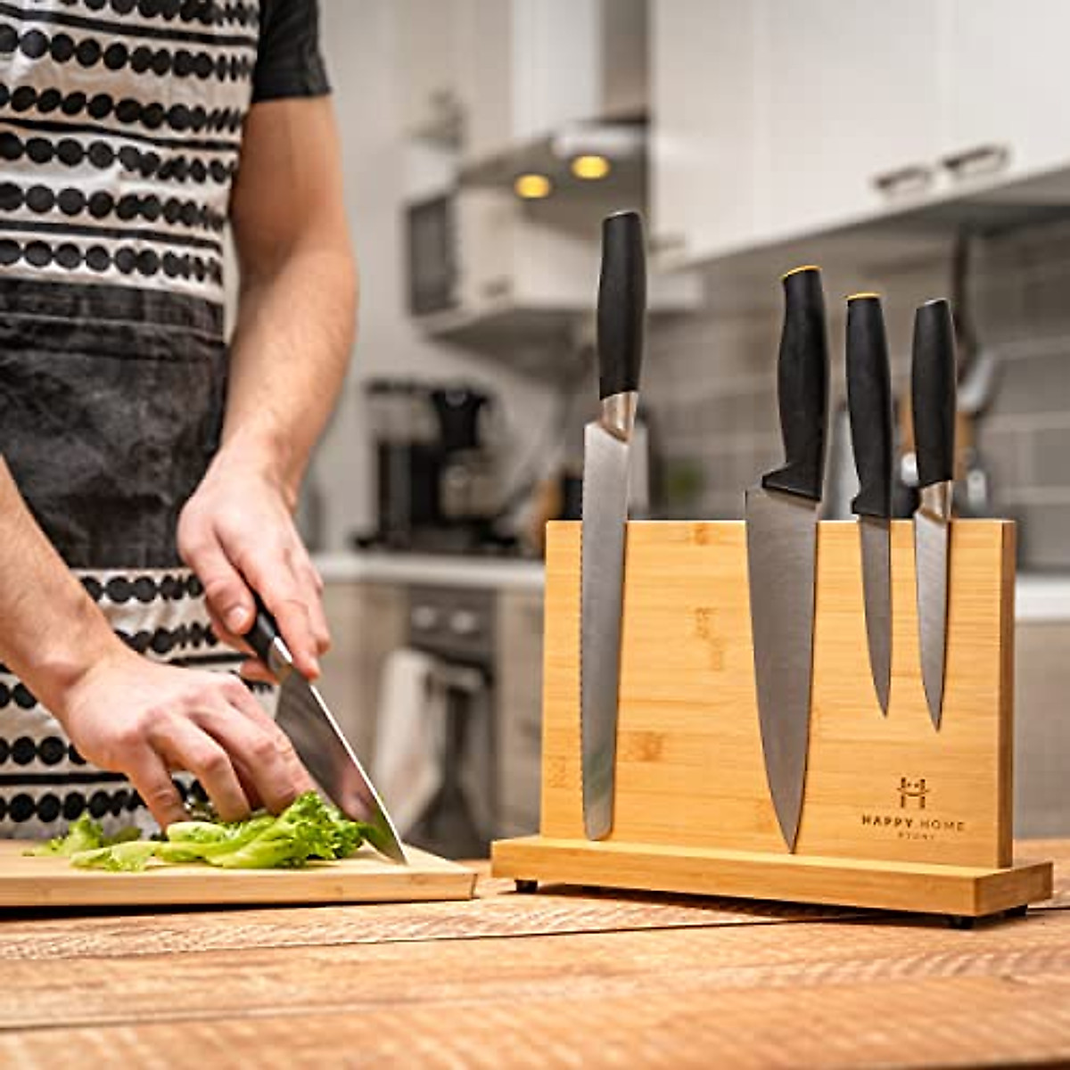 Magnetic Bamboo Knife Block 12", Double sided space saving freestanding storage holder for knives, handmade universal cutlery organizer stand with magnets in a bamboo outer layer, Without Knives