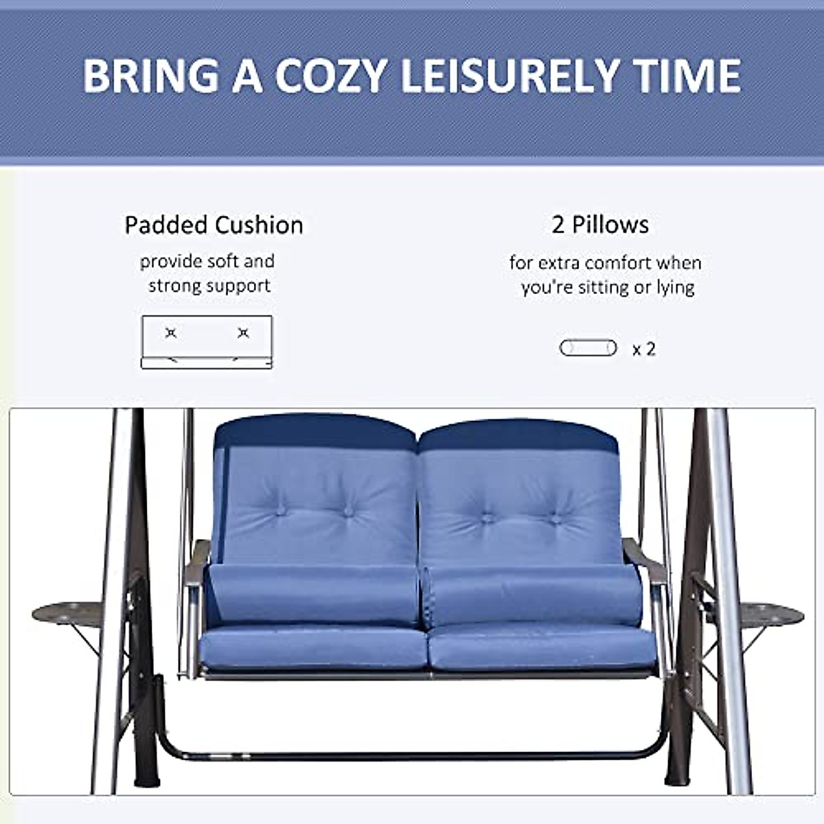Outsunny 2 Seater Swing Chair, Garden Loveseat Swing Bench with Adjustable Canopy, Soft Cushions, Throw Pillows and Tray for Patio, Yard, Dark Blue