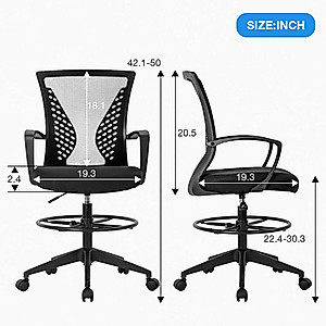 Drafting Chair Tall Ergonomic Office Chair Home Desk Chair Rolling Computer Mesh Swivel Modern Executive Task Chair with Height Adjustable Foot Rest Mid Back Lumbar Support Armrest Black