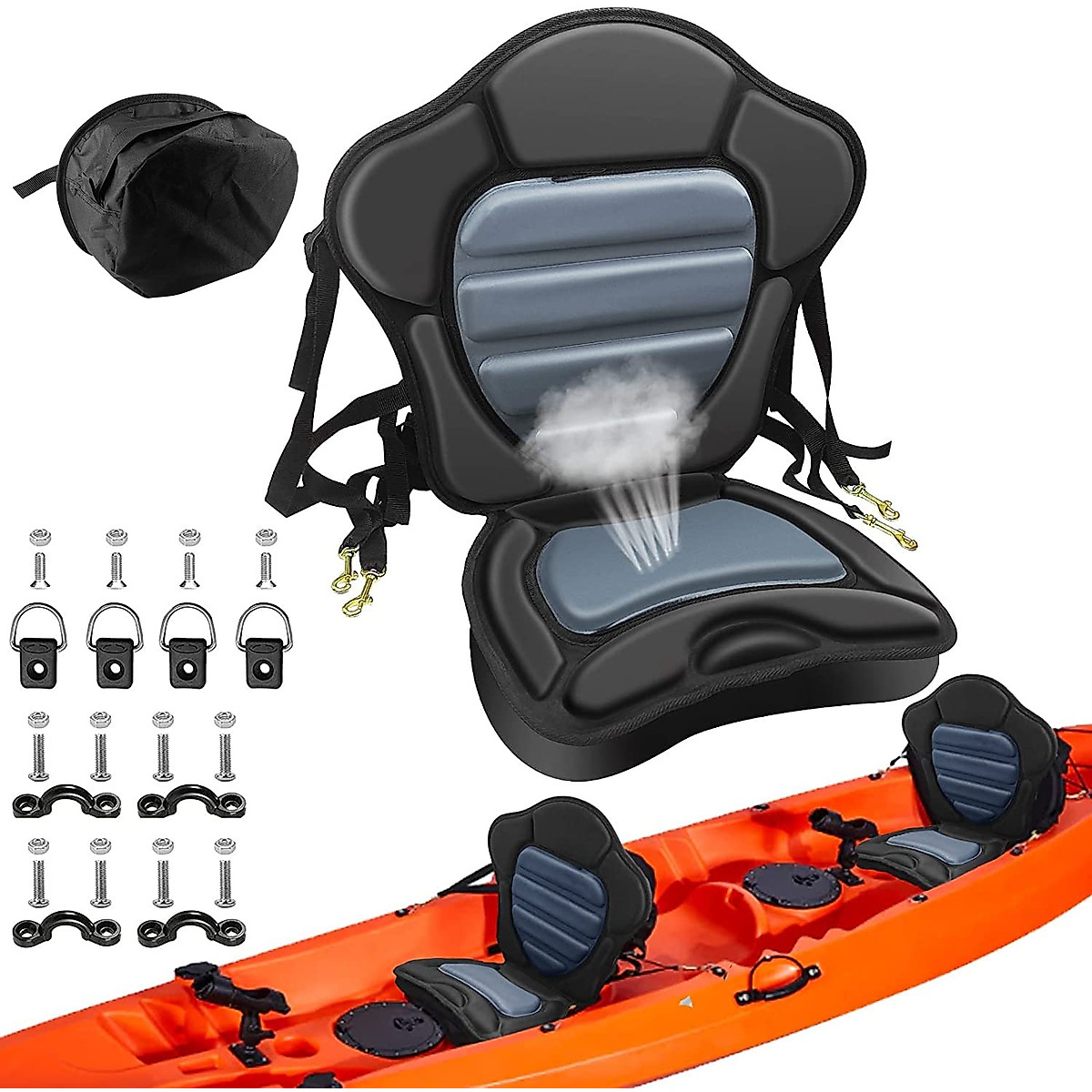 Kayak Seat Thickened Padded Kayak Seat Extra Thick Padded Sit-On-Top Canoe Seat Cushioned - Deluxe Fishing Boat Seat with 4 Pairs Fixed D-Ring & 4 Tie Down Pad Eyes and Screws for Kayaks Boats Canoes