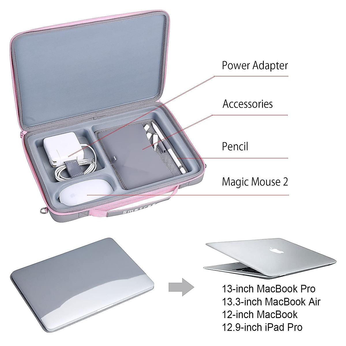 Smatree Hard Shell Carrying Case Compatible for 14 inch MacBook Pro 2024/2023 A2918/A2992/A2779,13 inch MacBook Air 2024/2022 A3313/A2681,13 inch iPad Pro M4 2024, Laptop and Tablet Shoulder Bag(Pink)