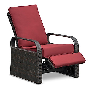 Outdoor Recliner, Outdoor Resin Wicker Patio Recliner Chair with Cushions, Patio Furniture Auto Adjustable Rattan Sofa, UV/Fade/Water/Sweat/Rust Protected, Easy to Assemble (Red)