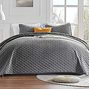 SLEEP ZONE 3-Piece Lightweight Reversible Quilt Set - Full/Queen Size - Soft Microfiber Coverlet Set for All Season (Grey Diamond Pattern), Full/Queen (90x96 inch | 2 Pillow Shams)