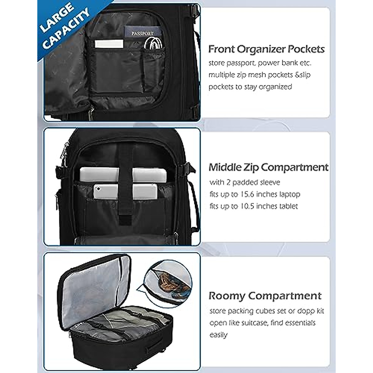 Hynes Eagle Travel Backpack 40L Flight Approved Carry on Backpack Men Large Cabin Weekender Laptop Backpack Women 15.6 inches Black with 3PCS Packing Cubes Set Black