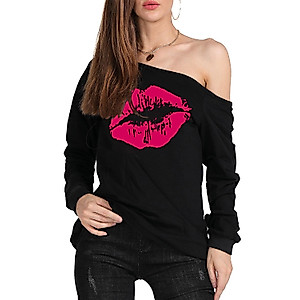 MAGICMK Woman’s Sweatershirt Lips Print Causal Blouse Off The Shoulder Long Sleeve Loose Slouchy Pullover Plus Size Tops…(XXXL)