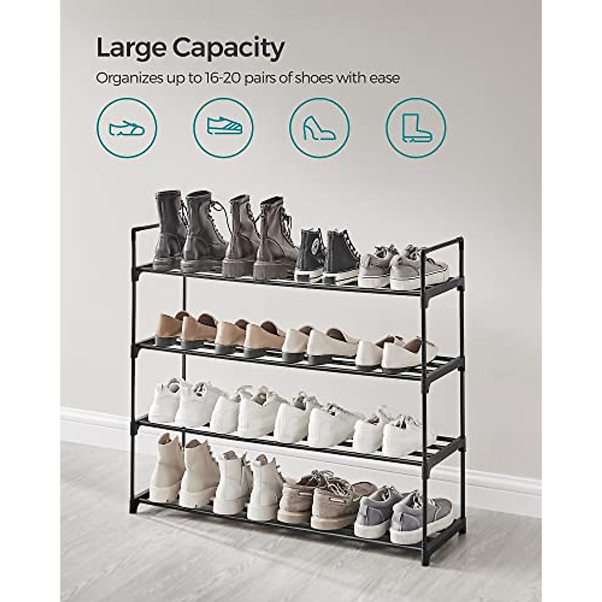 SONGMICS Shoe Rack, 4 Tier Shoe Organizer, Metal Shoe Storage Shelf for 20 Pairs of Shoes, Easy to Assemble, Entryway, Black ULSA14BK