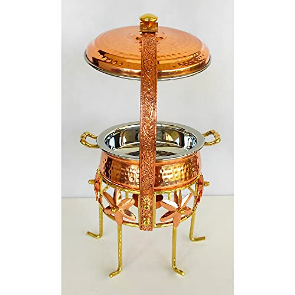 Indian Art Villa Steel Copper Chafing Dish Set of 1 Handi With Lid & 1 Brass Stand, Serveware Item for Dinner Party & Functions, Volume-44 Oz