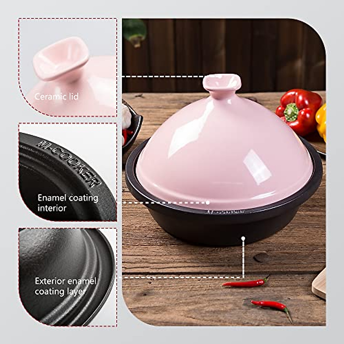 M-Cooker Tagine Pot - 5.5-Quart Moroccan Tajine with Cast Iron Base and Ceramic Cone-Shaped Lid, High-Quality Cookware- Pink