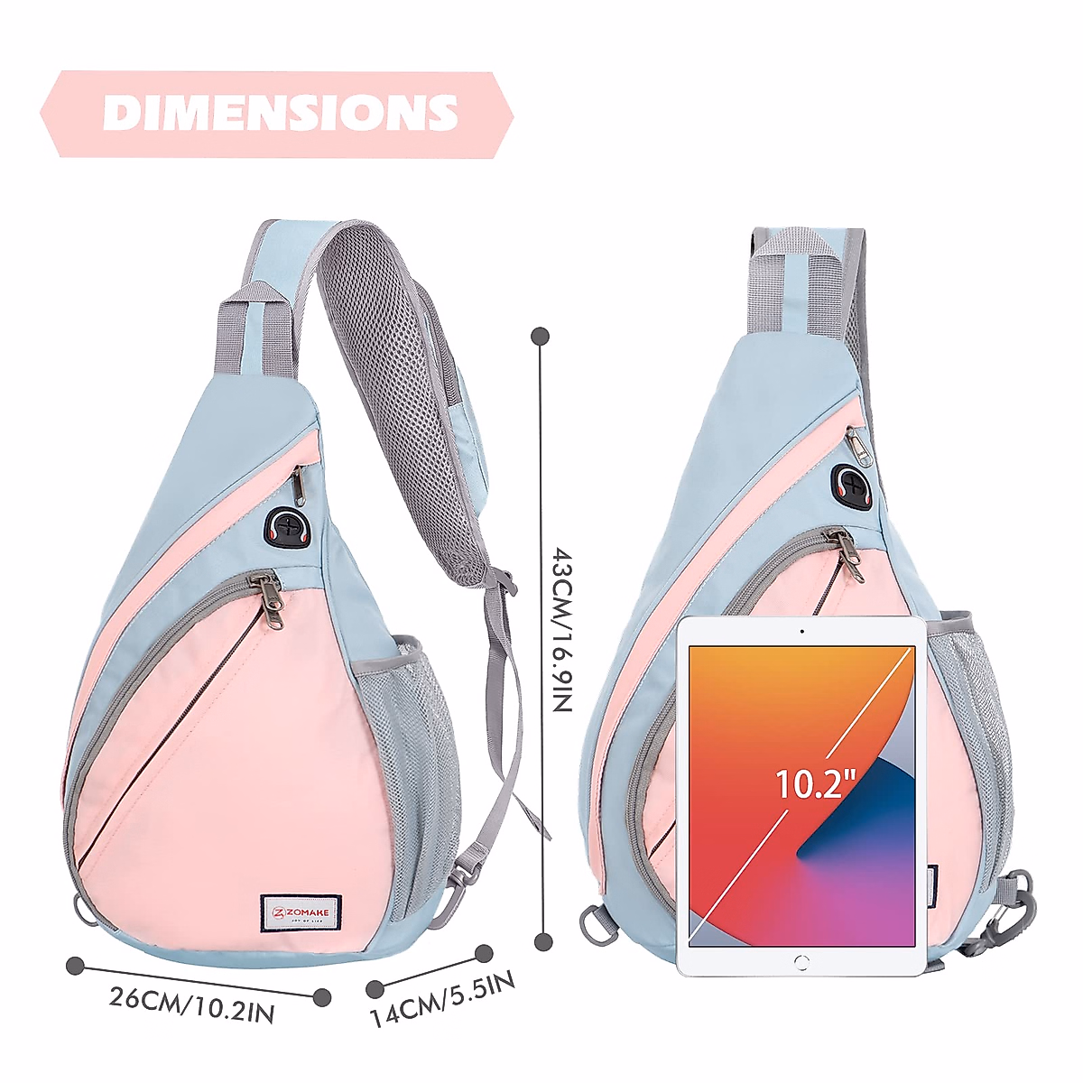 ZOMAKE Sling Bag,Crossbody Sling Backpack Shoulder Chest Bag for Women Men - Travel Hiking Daypack (Grey/Light Pink)