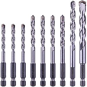 NordWolf 9-Piece Metric Carbide Tipped Masonry Drill Bit Set with 1/4" Hex Shank for Concrete, Brick, Block & Stone, Sizes 5.5(x3)-6.5(x3)-7-8-10mm