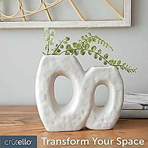 Crutello Textured Ceramic White Loop Vase - Modern Home Decor for Mantles, Bookshelves, Tables, Entryways